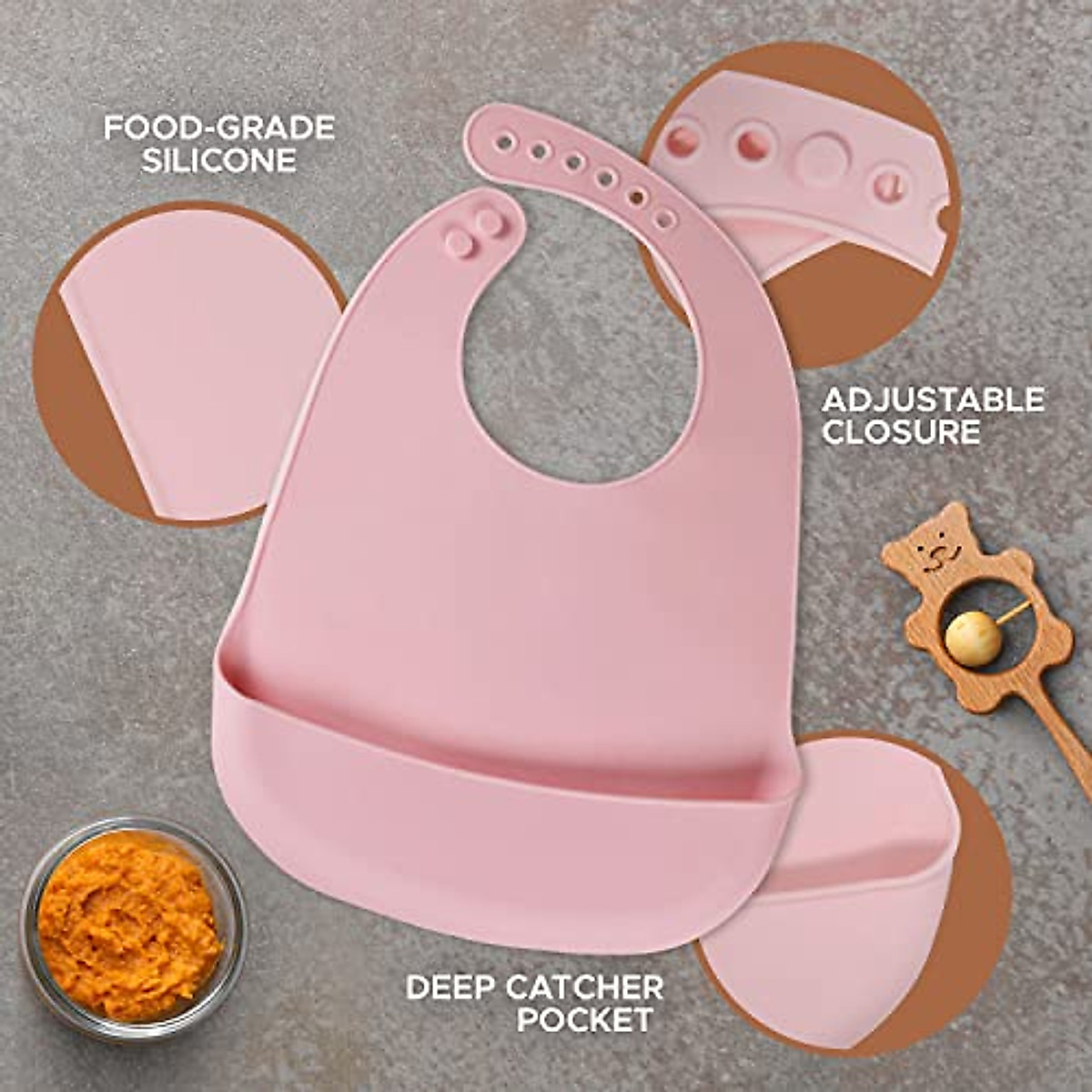 Baby Pick Silicone Bibs For Babies- BPA-Free Waterproof Bib With Pocket- Dishwasher Safe Feeding Bib With Food Catcher (Pink)