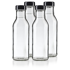 JUVITUS 12 oz Professional Clear Glass Thick Wall Sauce Bottle with Drip Resistant Flip Top Cap (4 Pack) for BBQ Sauce, Salad Dressings, more