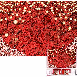BINQOO 7x5ft Valentine's Day Red Rose Photography Backdrop Red Floral Wall Background Wedding Bridal Shower Women Party Red Flowers Wall Background Girls Birthday Party Supplies