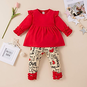 Toddler Baby Girl Valentine's Day Outfits Ruffle Tunic Top Dress Shirt Carriage Love Heart Print Flare Pants Clothes Set (Red, 1-2T)
