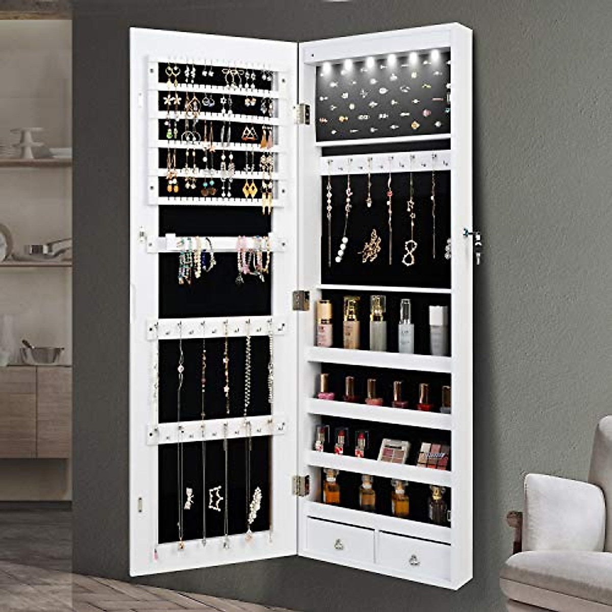 QUANYOU 6 LED Lights Lockable Full Mirror Full Screen Jewelry Organizer Wall Mounted/Door Mounted/Jewelry Cabinet Jewelry Armoire with Mirror/Full Length Mirror Hanging Mirror 7025 (White)