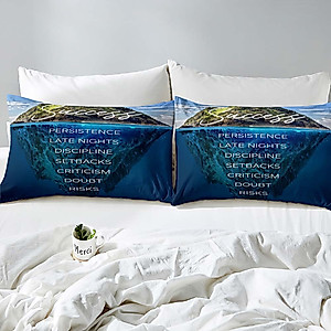 LUVIVIHOME 3PCS Blue Duvet Cover Queen Bedding, Success Motivational Positive Quotes Mountain Blue Ocean Comforter Quilt Cover, College Dorm Decor, Graduation Gifts, Inspirational Gifts 2 Pillow Shams