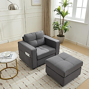 TYBOATLE Accent Chair, 38.58" W Mid-Century Modern Linen Fabric Tufted Living Room Chair, Comfy Upholstered Reading Club Arm Chairs for Living Room, Bedroom, Office (Dark Grey)