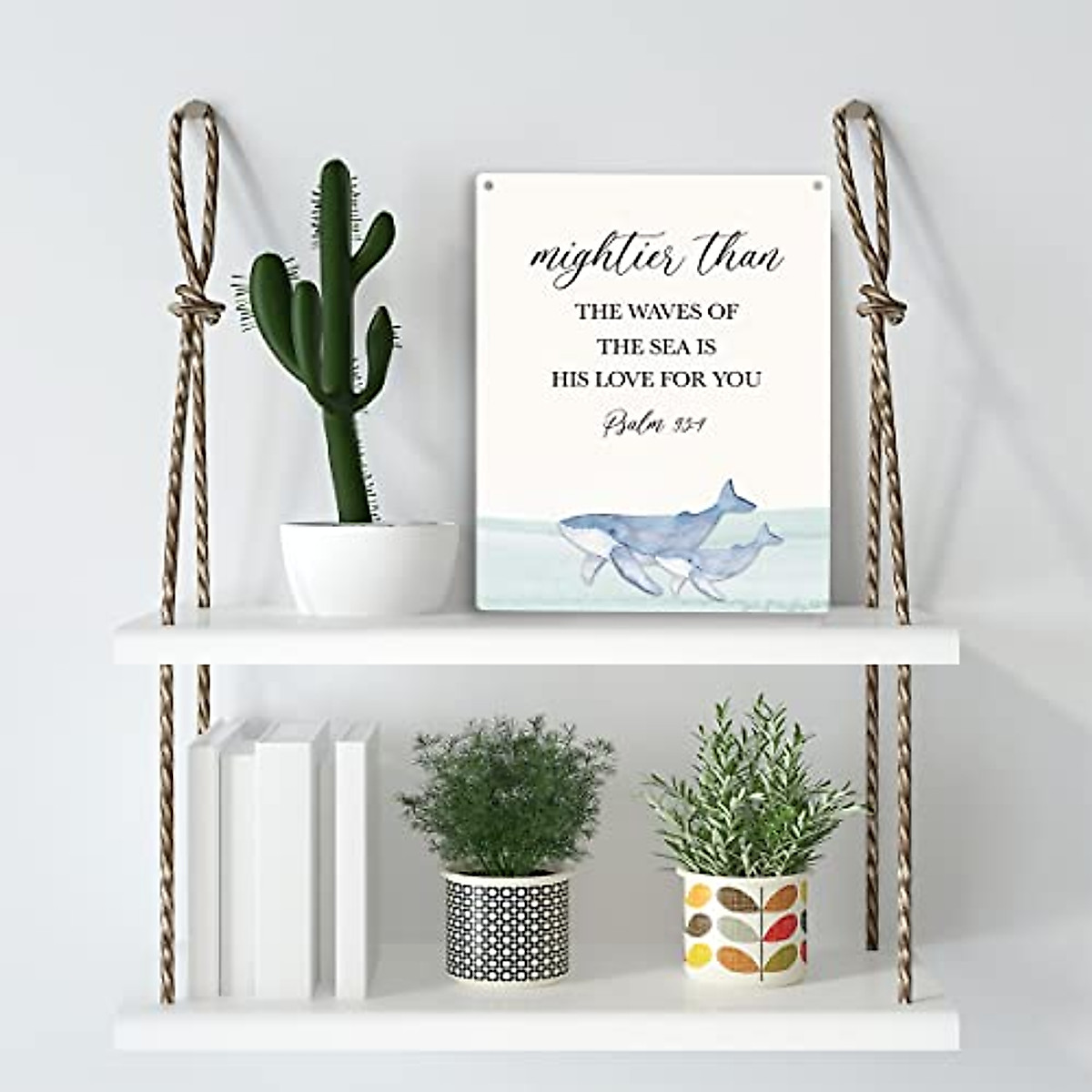 Inspirational Nautical Ocean Whale Decor Mightier Than The Waves of The Sea Psalm 93:4 Wooden Hanging Sign Gift for Baby Kids Girl Boy Nursery Teen Room Bible Verse Wall Art 8 x 10 Inches