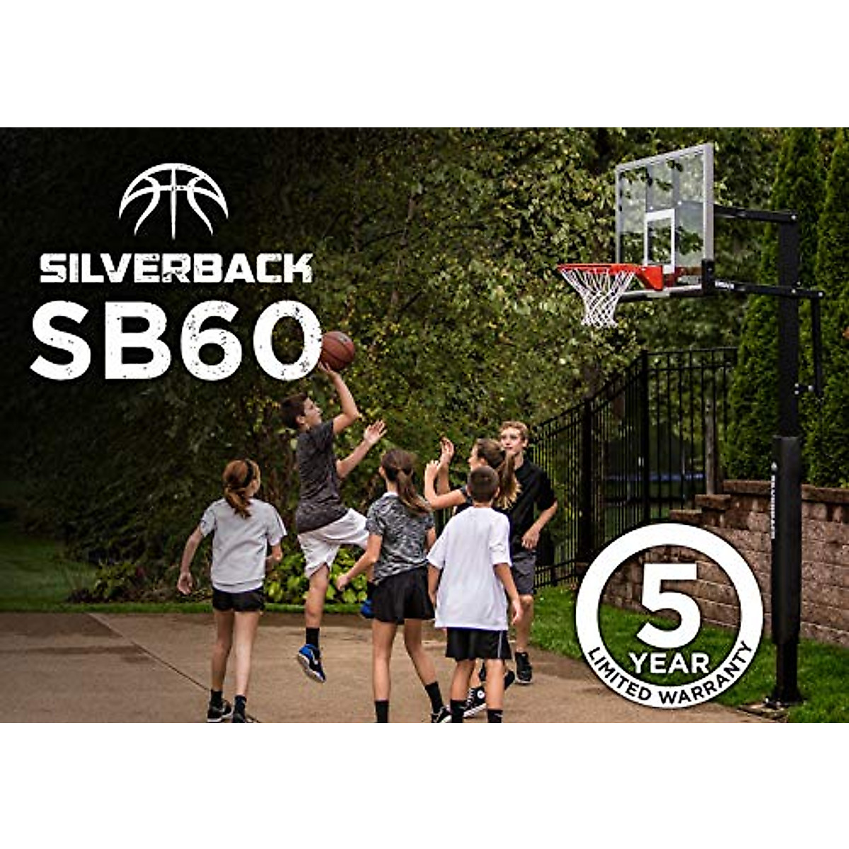 Silverback 60" In-Ground Basketball System with Adjustable-Height Tempered Glass Backboard and Pro-Style Breakaway Rim