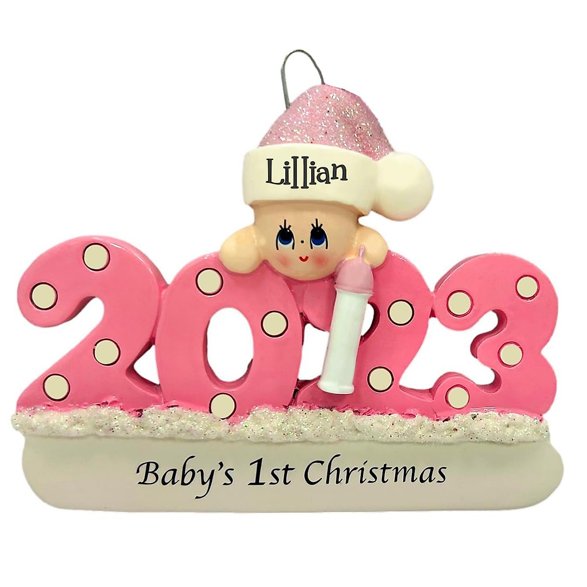 Personalized 2021 Baby's First Christmas Tree Ornament 1st Keepsake Gift - Pink Baby Girl with Santa Stocking Cap Hat and Bottle - Your Choice of Name