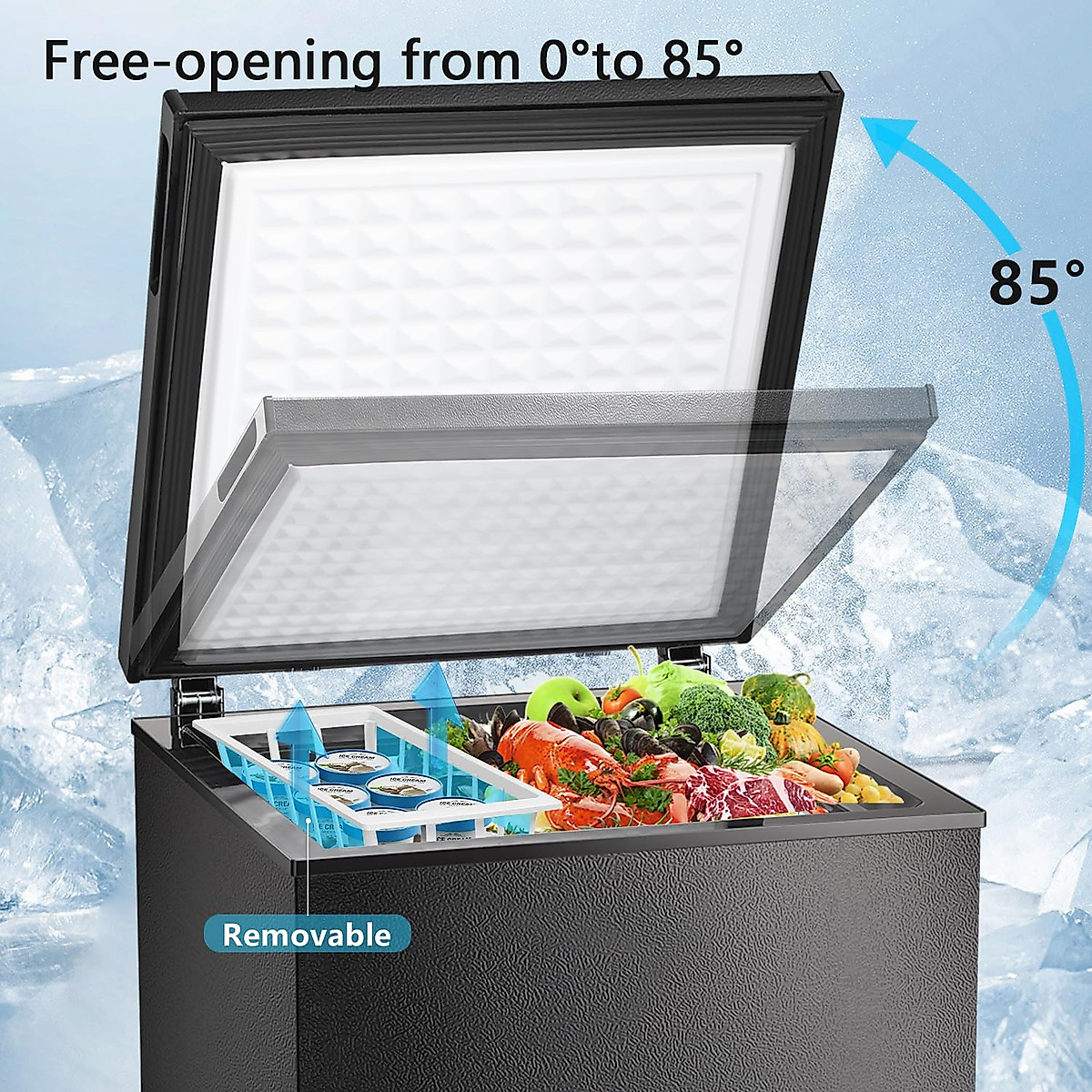 R.W.FLAME Chest Freezer 3.5 Cubic Feet with 2 Removable Baskets and Defrost Water Drain, Deep Freezer, Adjustable Temperature, Energy Saving, Top Open Door Compact Freezer (3.5 Cubic Feet, Black)