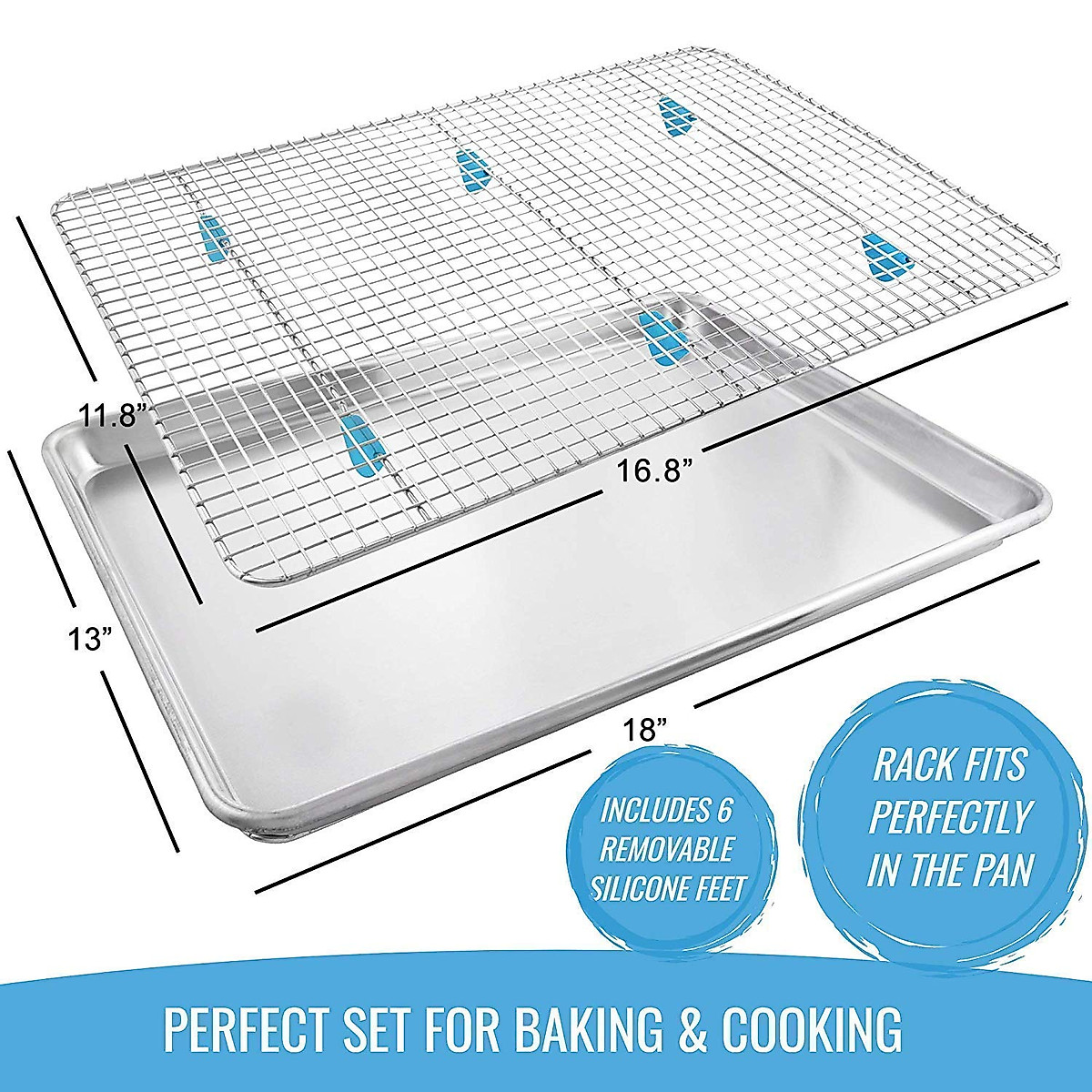 KPKitchen Silicone Baking Mats Set of 5 and Baking Sheet with Rack Set - 2 Half Sheets Mats + 1 Quarter Sheet Liner + 1 Round & 1 Square Cake Mat - Aluminum Pan + Stainless Steel Cooling Rack