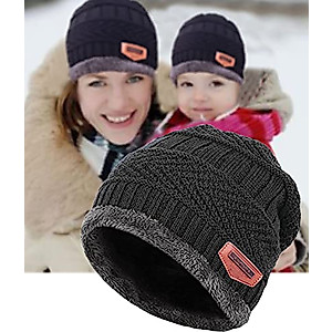 T WILKER 2Pcs Kids Winter Knitted Hats+Neck Set Warm Fleece Lining Cap for 5-14 Year Old Boys Girls (E-Black (hat+neck))