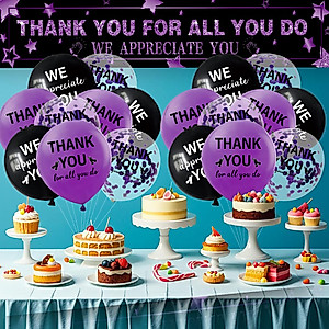 We Appreciate You Decorations Black Purple Appreciate You Banner with 18 pcs Balloons Thank You Yard Sign for Teacher Employee Staff Doctors Nurse Poaster Volunteer Appreciation Week Party Decor