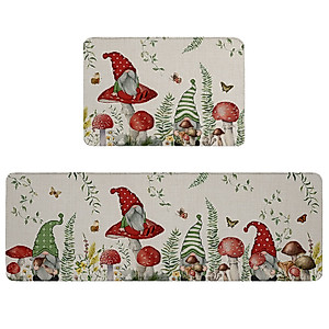 Possta Decor 2 Pieces Kitchen Rugs Set Spring Gnome Red Mushroom Vintage Linen,Water Absorbent Soft Doormat Area Runners Garden Vegetable,Non-Slip Bath Mat for Entryway Bathroom Laundry
