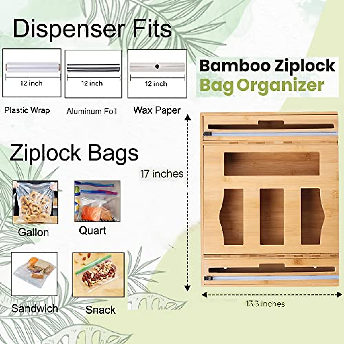 Jema Pearl Ziplock Bag Organizer Aluminum Foil and Plastic Wrap Dispenser with Cutter, 6 In 1 Baggie Organizer for Drawer Bundle with Paper Towel Holder