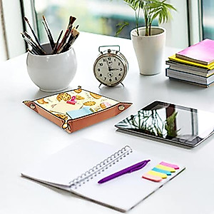 Leather Valet Tray, Dice Tray Folding Square Holder, Dresser Organizer Plate for Change Coin Key, Cartoon Cake Donut Bread