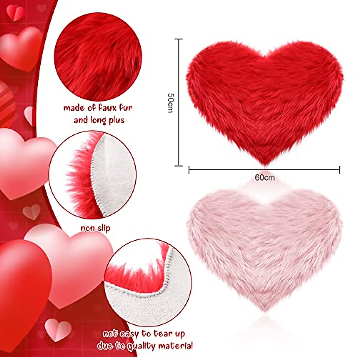 2 Pieces Valentine's Day Fluffy Faux Area Rug Heart Shaped Rug Fluffy Room Carpet 20 x 24 Inch Long Plush Room Carpet Entrance Welcome Mat Carpet for Home Living Room Sofa Floor Decorative Red Pink