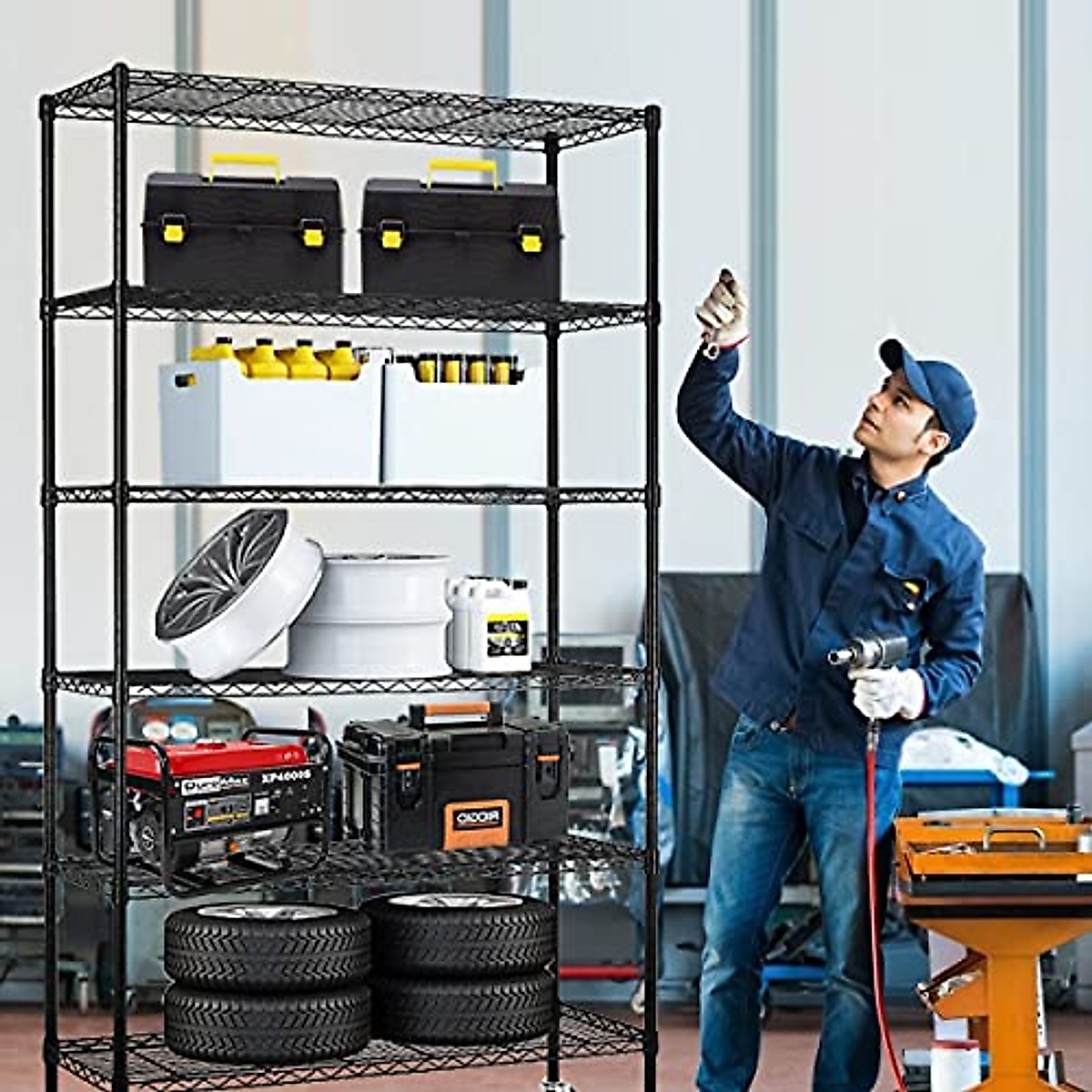 Hkeli Storage Metal Shelf Heavy Duty Wire Shelving Unit with Wheels 48inchx18inchx82inch Sturdy Steel Adjustable NSF 6 Tier Rack Standing Garage Shelves for Restaurant Garage Kitchen, Black