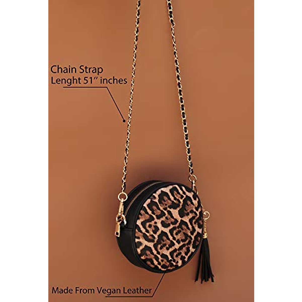 Women Round Cross Body Bag Tassel Circle Purse Chain Shoulder Handbag Clutch Wristlet (Leopard)