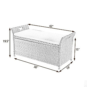 PEAK HOME FURNISHINGS Patio Wicker Storage Box, Outdoor Rattan Storage Bench Deck Bin with Cushion (Red)