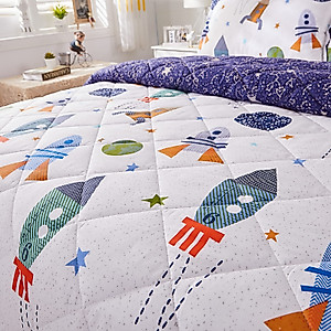 Brandream Kids Bedding Set Twin Size Space Boy Girl Cotton Comforter Set Space Rocket Galaxy Bedroom 3-Piece