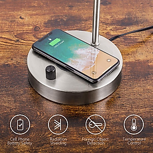 JS NOVA JUNS USB Desk Lamp – Table Lamp with Wireless Charging Pad and USB Port, Edison Bedside Nightstand Lamp with Metal Base for Guestroom Bedroom Living Room Office, Satin Nickel