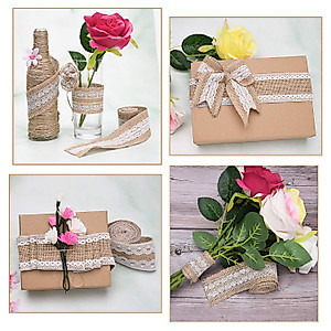 Livder 6 Rolls 2 Inch Width Natural Jute Burlap Ribbon with White Lace for DIY Home Decoration, Wedding Party and Gift Packaging