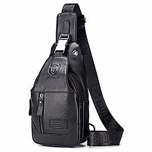 BULLCAPTAIN Genuine Leather Sling Chest Bag Multi-pockets Men Crossbody Bag Travel Casual Small Shoulder Backpack (Black)