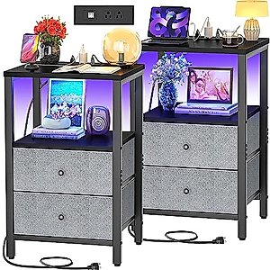 Cyclysio Night Stands Set of 2 with Charging Station, Night Stand with LED Lights, 25.6'' End Table Bedside Tables with 2 Drawers, 3 Tier Tall Night Stand with Storage for Bedroom Living Room, Black