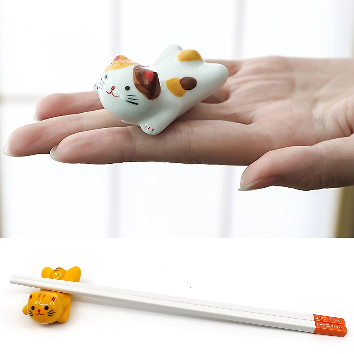 5 Pack Cat Chopsticks Rest Set, Chinese Paint Brush Rests, Japanese Style Porcelain Cute Lucky Cat Ceramic Chopsticks Holder Rack for Dinner Fork Spoon Knife Tableware, Home Kitchen Gift (Cute Cat)