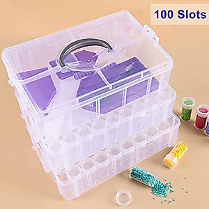 QUEFE 3-Tier Diamond Painting Storage Container, 100 Slots Clear Stackable Bead Organzier with Diamond Painting Accessories and Tools for DIY Diamond Art Craft Jewelry Bead Storage