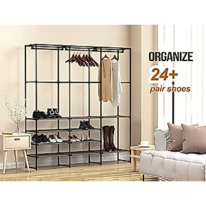 Kertnic 4-Tier Shoe, Boots Rack Storage Organizer for Entryway, Free Standing Black Versatile Shoe Shelf Stand with Coat Hanging Garment Rack for Bedroom (upgrade)