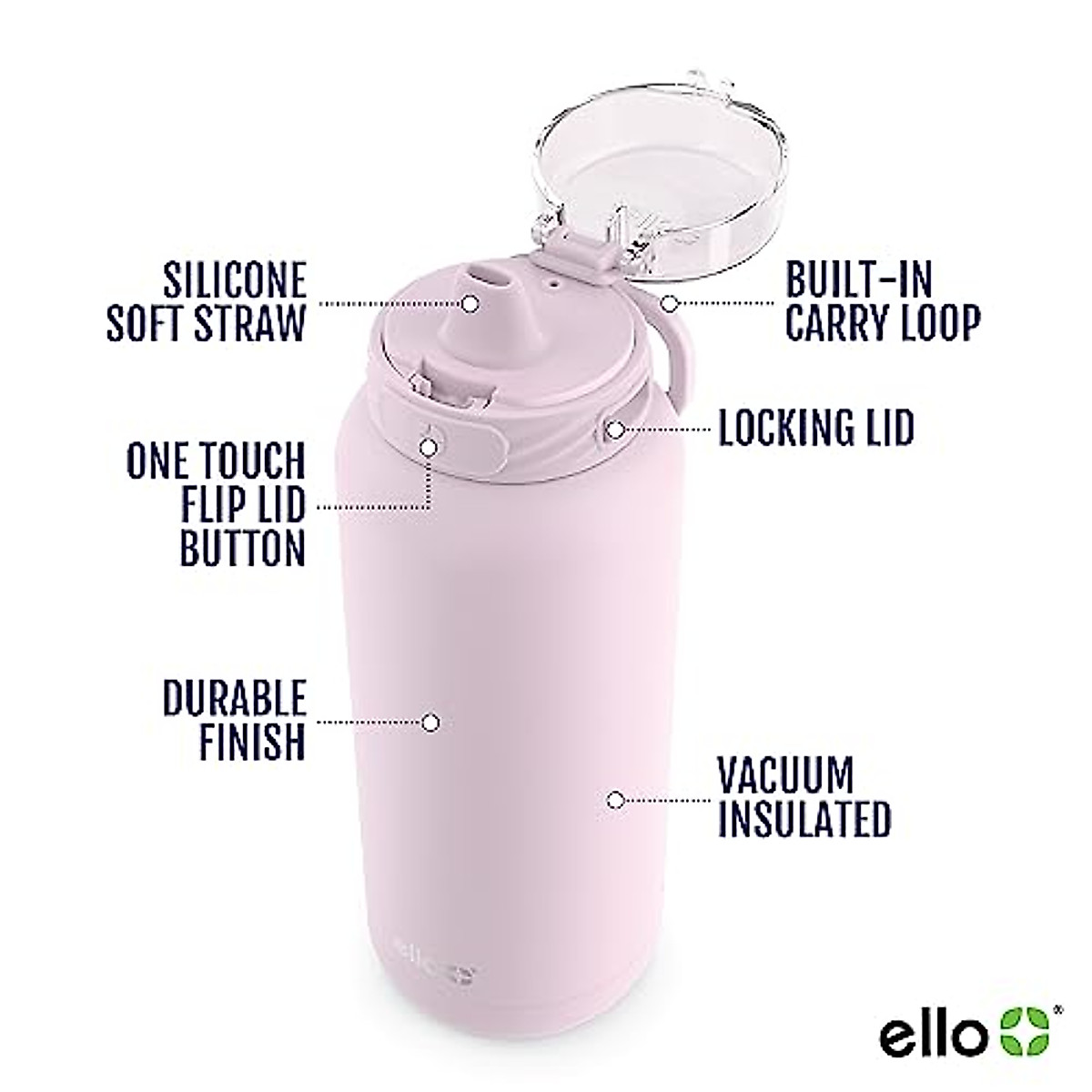 Ello Cooper 22oz Stainless Steel Water Bottle with Straw and Carry Handle, Double Walled and Vacuum Insulated Metal, Leak Proof Locking Lid with Soft Silicone Spout, Reusable, BPA Free, Cashmere Pink