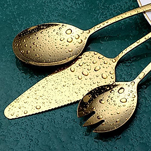 Gold Serving Utensils, OGORI 8-Piece Polished Stainless Steel Flatware Silverware Set Include Serving Spoon, Slotted Spoon, Soup Spoon, Cake Server, Fork, Salad Fork, Butter Knife, Serving Tong