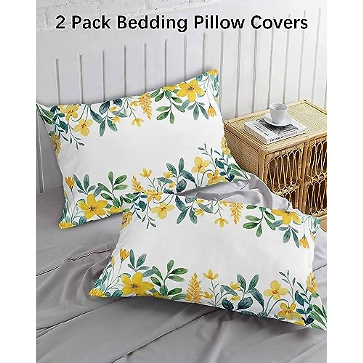 Edwiinsa Summer Tropical Plants Pillow Covers Standard Size Set of 2 20x26 Bed Pillow, Yellow Spring Floral Plush Soft Comfort for Hair/Skin Cooling Pillowcases with Envelop Closure