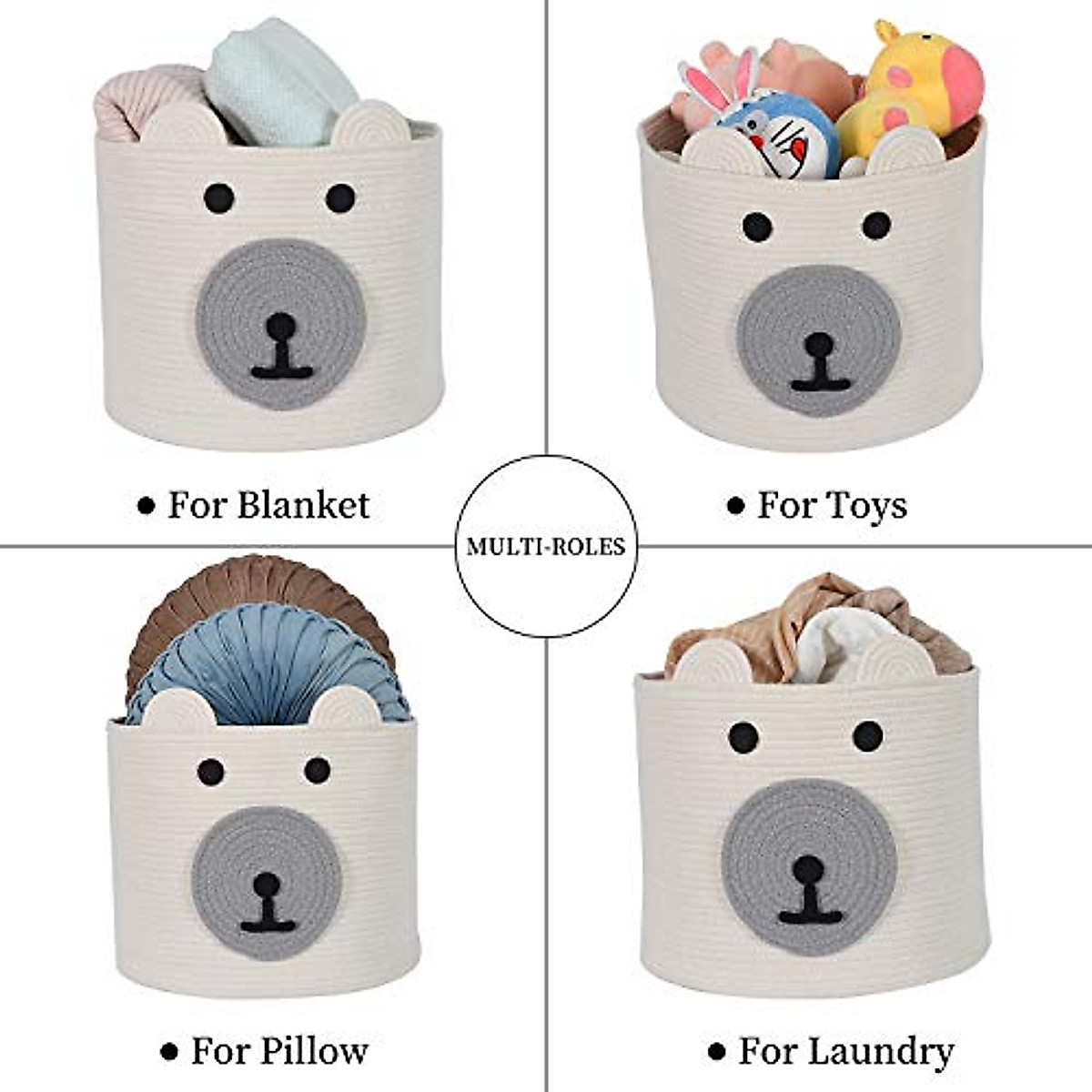 InfiBay Cotton Rope Storage Basket with Cute Bear Design, Woven Laundry Basket with Handles, Baby Nursery Organizer for Toys, Blanket, Clothes, Towels, 12”(D) x 11”(H)