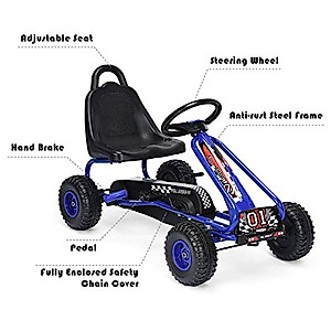 HONEY JOY Go Kart for Kids, 4 Wheel Pedal Powered Go Cart with Steering Wheels & Adjustable Seat, Safety Hand Brake, Non-Slip Tires, Outdoor Off-Road Racer Ride On Pedal Car for Boy Girl (Blue)