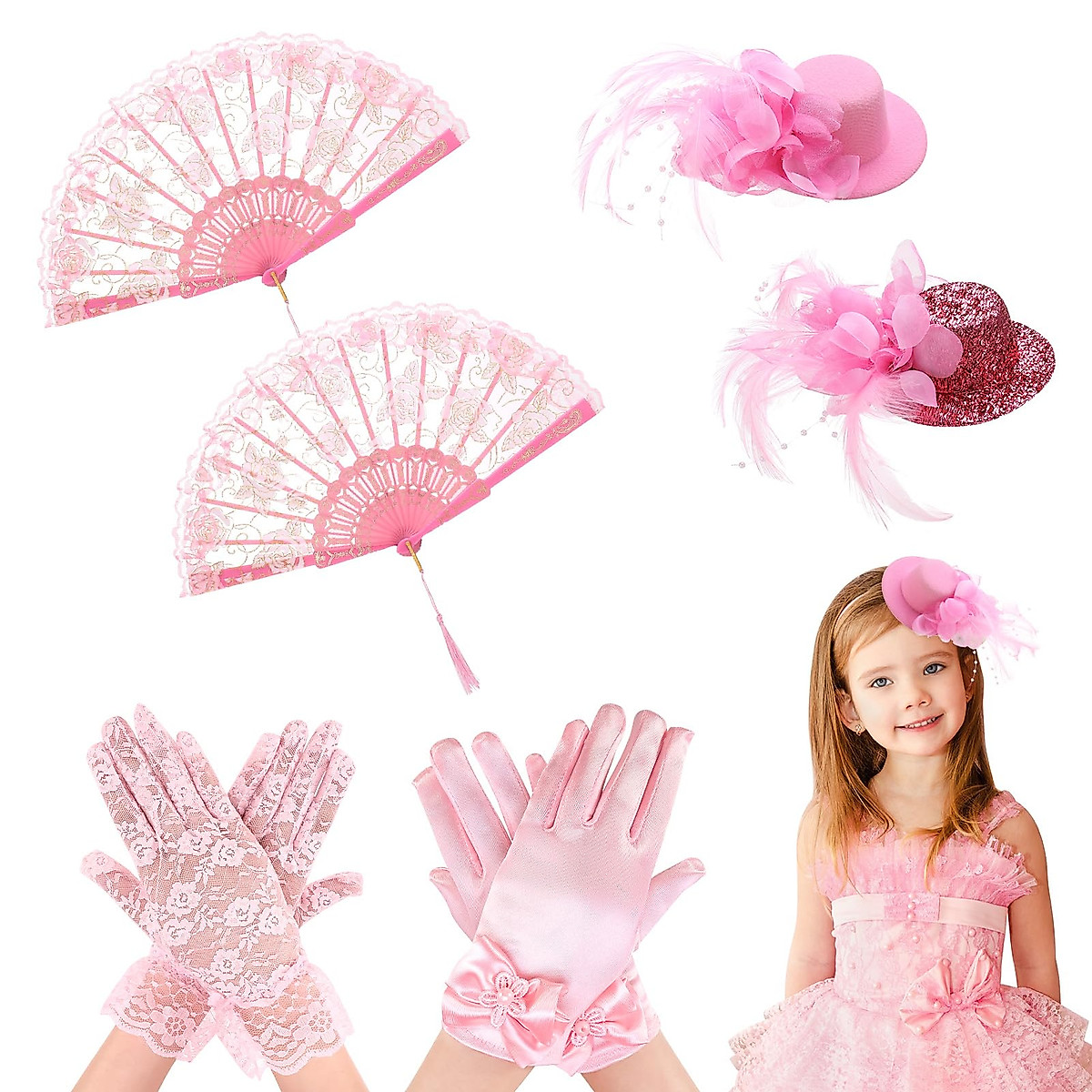 Auidy 6TXD Tea Party Supplies, 6 Pieces Girls Party Headwear and Accessories, Includes Folding Hand Fans, Clip on Hats, Satin and Lace Gloves, Rose Pink