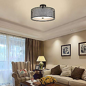 Ludil 17" Semi Flush Mount Ceiling Light Fixture, Modern 3-Light Black Durm Close to Ceiling Lighting with Metal Mesh Cage & Bottom Reflective Glass for Living Room Bedroom Kitchen Hallway Entryway