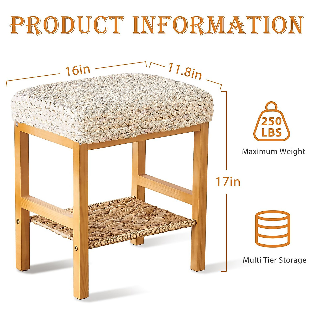 Cpintltr Foot Stool Natural Seagrass Hand Weave Poufs Square Ottoman Bench Modern Dressing Stool Small Stool Side Table Footstool with Wood Legs Vanity Stool for Bathroom Living Room Natural White