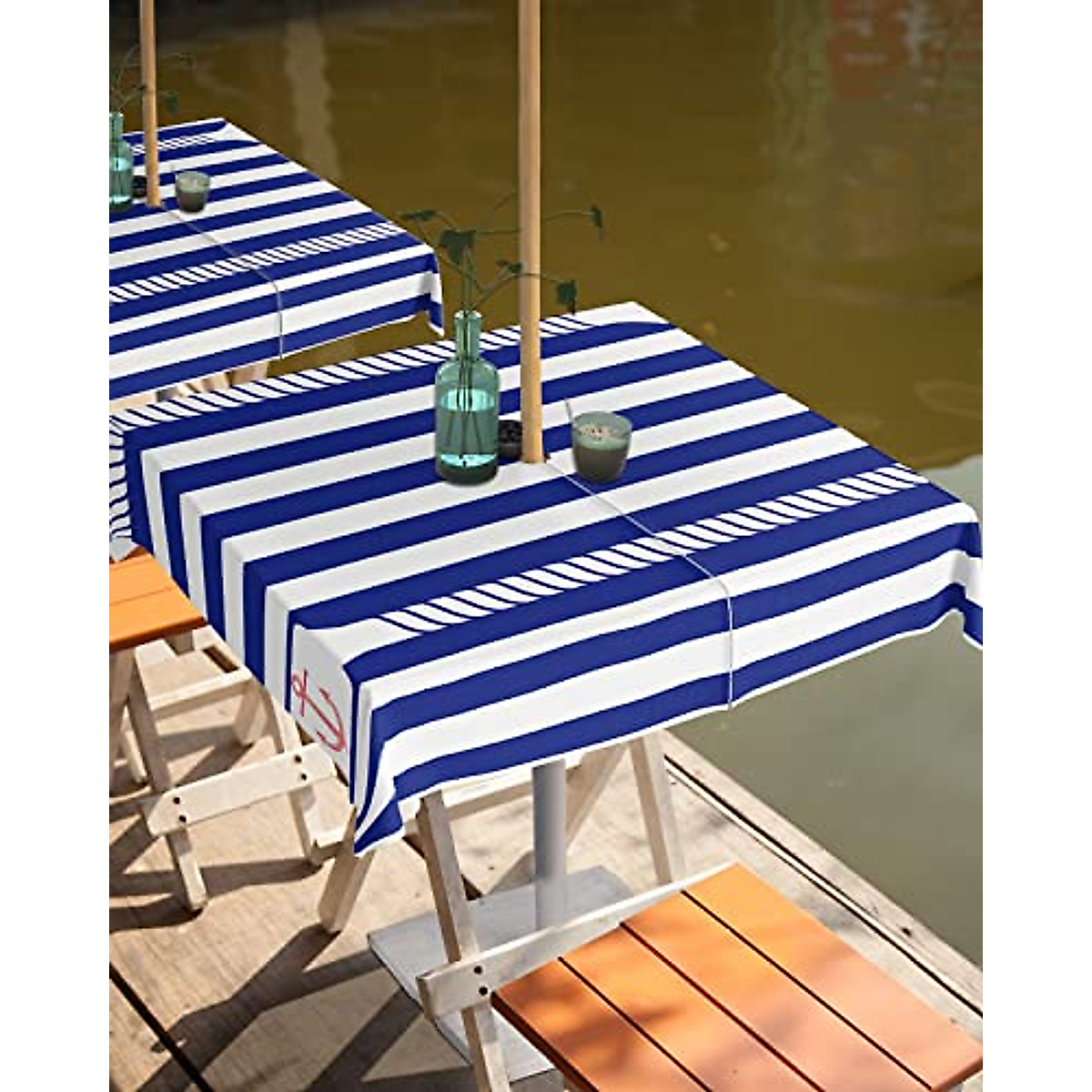 EZON-CH Outdoor Tablecloth with Umbrella Hole and Zipper 54"x54", Anchor Rope and Steering Wheel Blue Square Waterproof Table Cloth Table Covers for Dining, Garden, Courtyard, Patio, Camping, Picnic