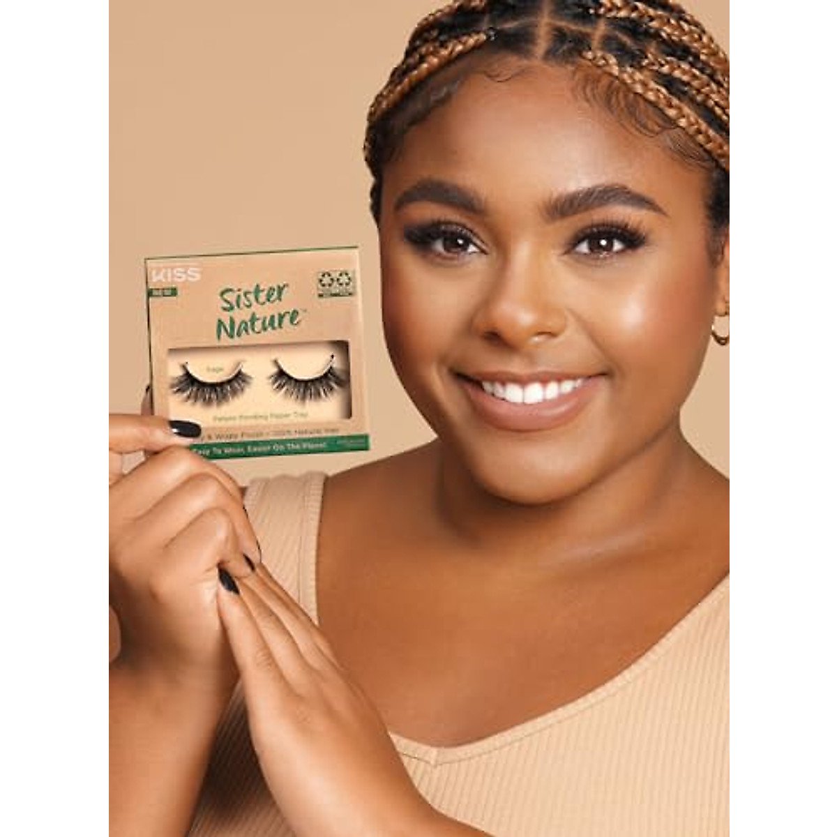 KISS Sister Nature False Eyelashes, Sage', 12 mm, 100% Natural Hair, Recyclable Paper Box, Printed with Soy Ink, Cruelty Free, Vegan, Includes 1 Pair of Reusable Strip Lashes