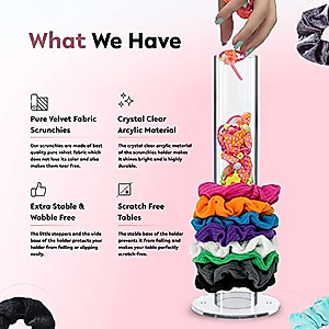 Eshazu Acrylic Scrunchie Holder Stand (12 Inches) – Wobble-Free & Clear Hair Tie Organizer with 3 Complimentary Premium Quality Velvet Scrunchies | Non-slip Grip Ponytail Holder Organizer – Gift for VSCO girls & women