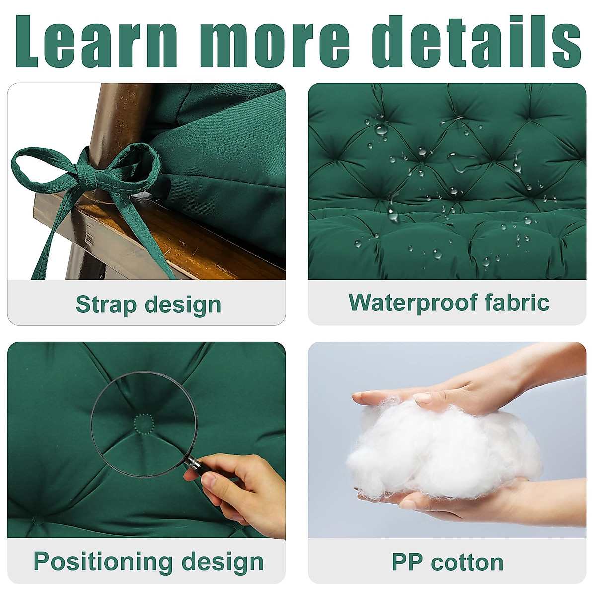 HZMGPCM Swing Cushions 3 Seater Replacement Porch Swing Cushions Outdoor 60 inch Patio Swing Cushions Waterproof Thicken 5" Dark Green Bench Cushion with Backrest & Ties for Garden Outdoor Furniture