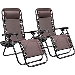 Set of 2 Adjustable Steel Mesh Zero Gravity Lounge Chair Recliners w/Pillows and Cup Holder Trays (Brown)