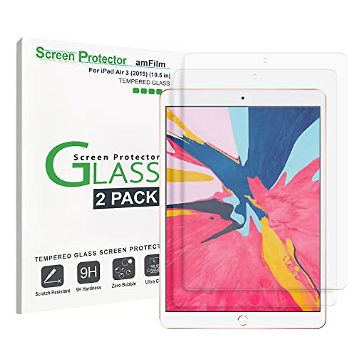 amFilm Glass Screen Protector for iPad Air 3, iPad Pro 10.5" (2017), Apple Pencil Compatible, Tempered Glass, 2 Pack