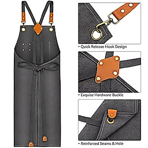 Riqiaqia Chef Apron for Women Men, Cotton Canvas Cross Back Apron with Adjustable Strap and Large Pockets (Grey)