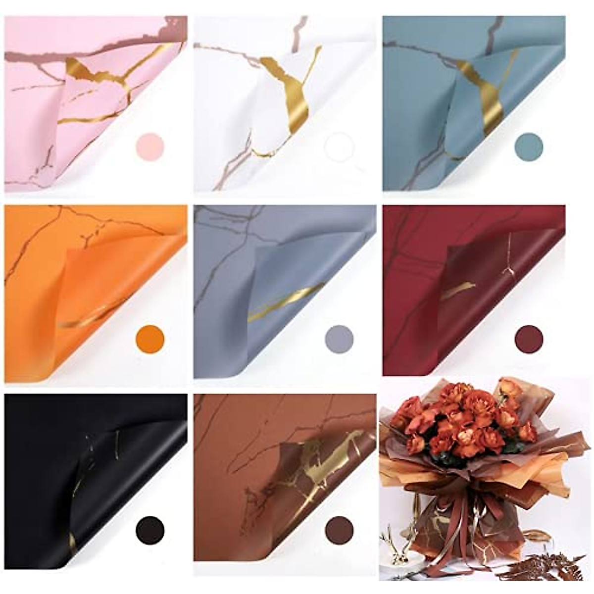 Xshelley (24 sheets marbled flower wrapping paper 8-color flower shop bouquets, DIY crafts, gift packaging or gift box packaging, waterproof flower wrapping paper 23X23 inches