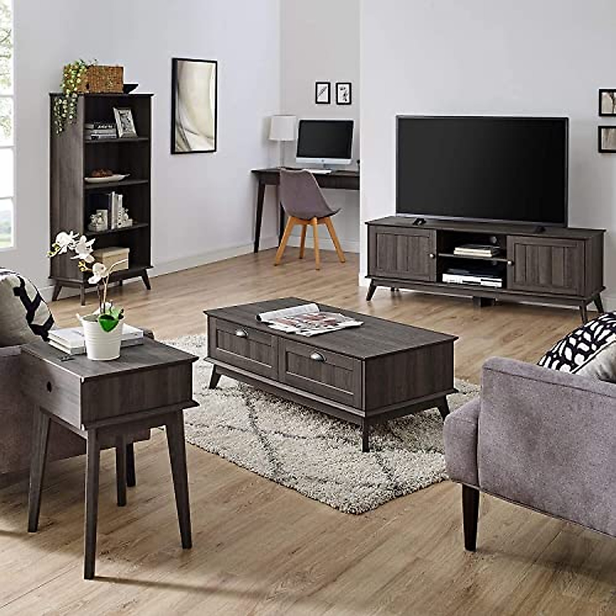 Newport Series Tall Center Coffee Table with Two Fully Extended Drawers | Sturdy and Stylish | Easy Assembly| Smoke Oak Wood Look Accent Living Room Home Furniture
