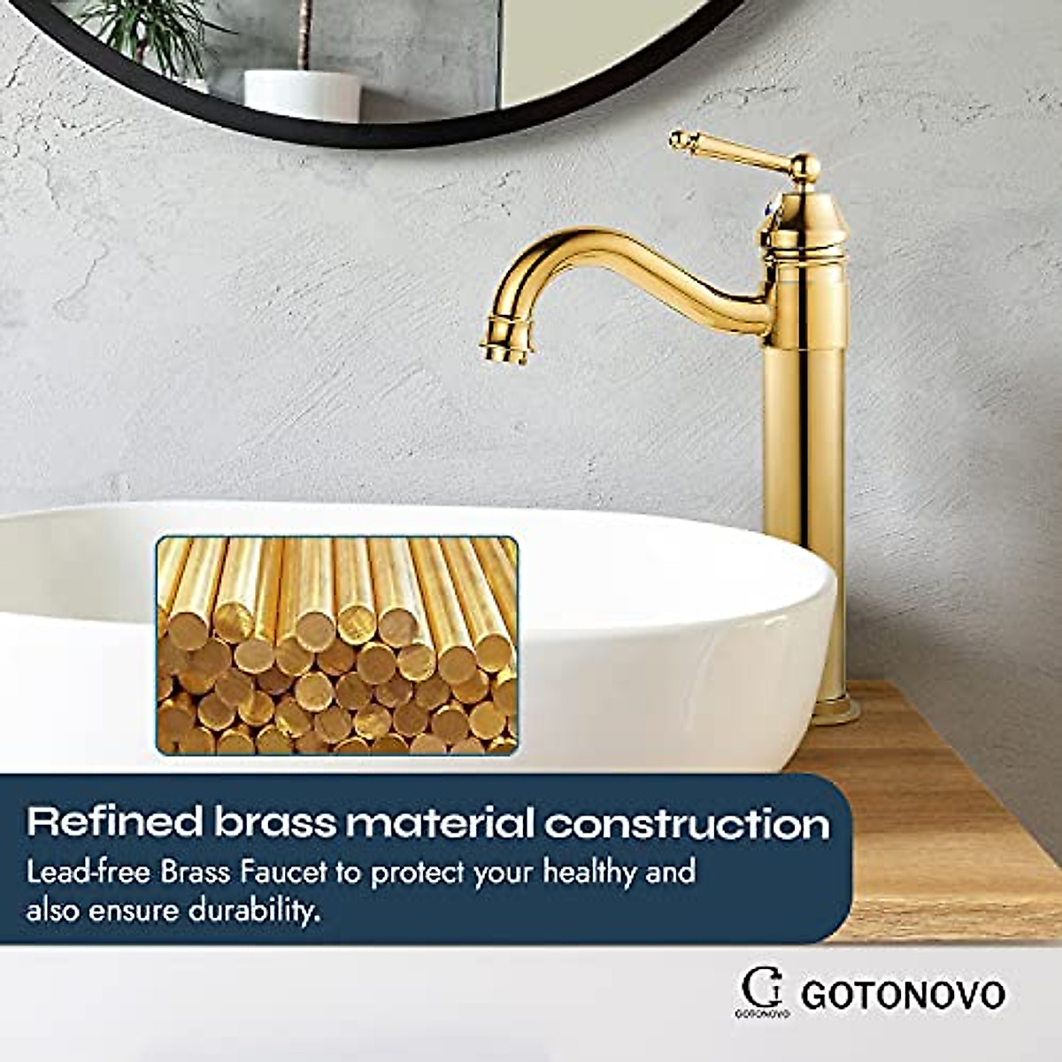 gotonovo Bathroom Sink Faucets Polished Gold One Hole Single Handle Tall Body Swivel Spout Gold Finish Pop Up Drain Without Overflow Vessel Faucet