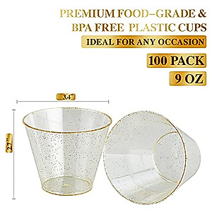 FOCUSLINE 100 Pack Gold Glitter Plastic Cups 9 oz Clear Plastic Cups Tumblers, Fancy Disposable Hard Plastic Cups with Gold Glitter for Wedding Cups Elegant Party Cups