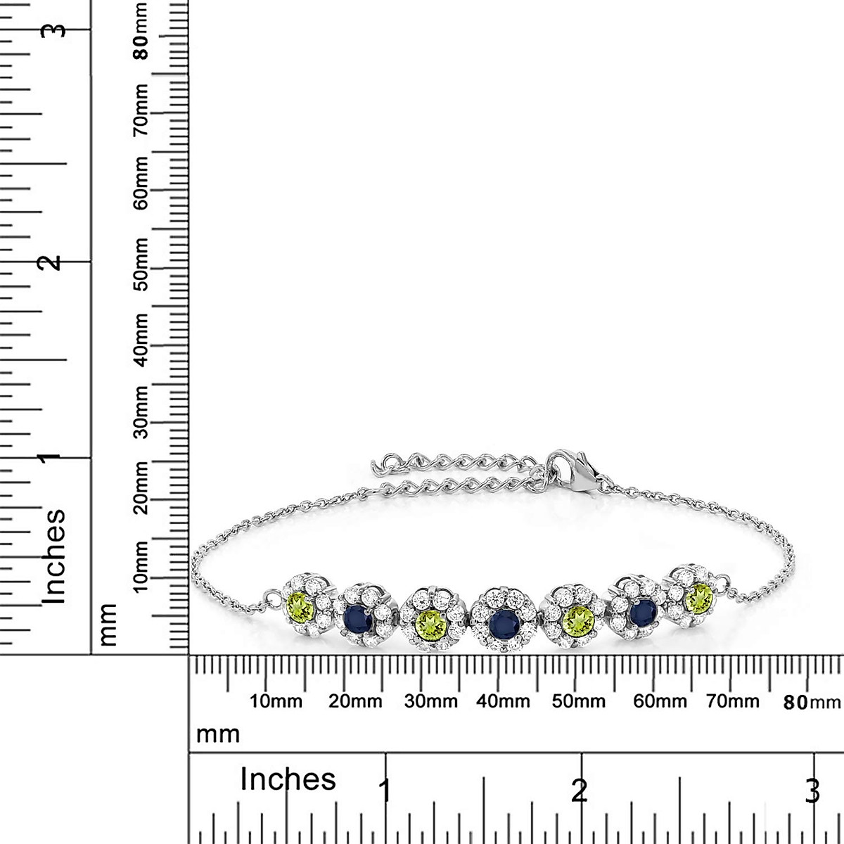 Gem Stone King 925 Sterling Silver Green Peridot Blue Sapphire and White Zirconia Tennis Bracelet For Women (1.58 Cttw, Gemstone August Birthstone, 7 Inch with 2 Inch Extender)