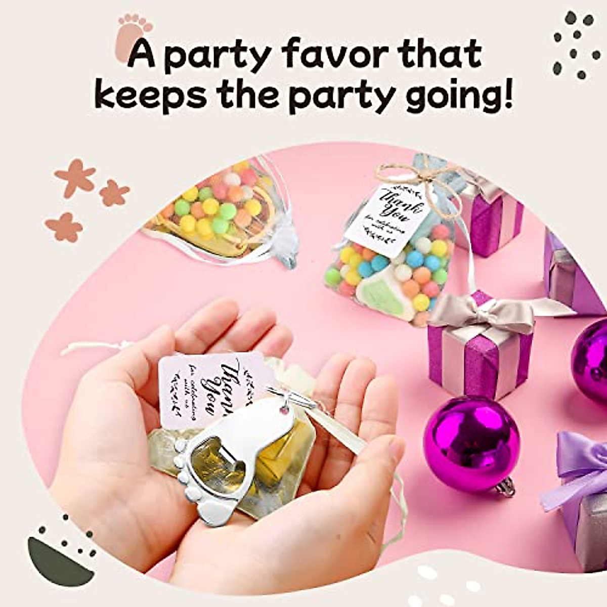 MRN BEAUTY 50 Pieces footprint bottle opener keychain Baby shower and Gender Reveal Party Return Gifts for Guests Footprint Bottle Opener Keychain with 100 Organza bags and Thank you Tags. (silver)